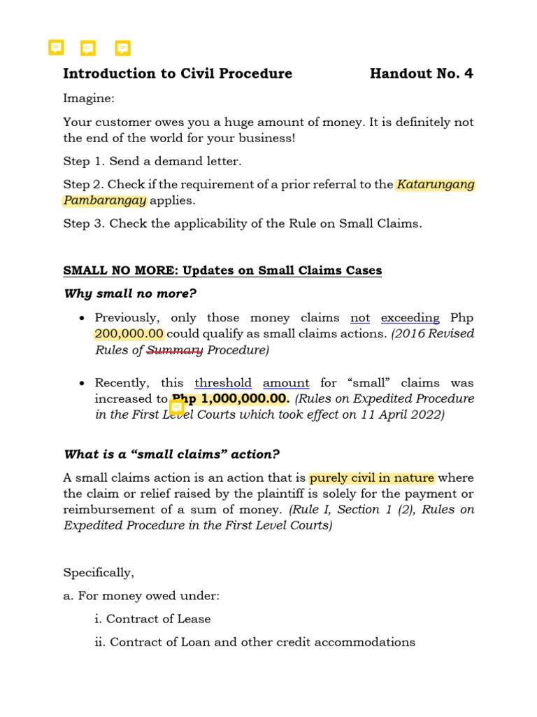 Handout No. 4 - Introduction To Civil Procedure (Small Claims) | PDF | Judgment (Law ...