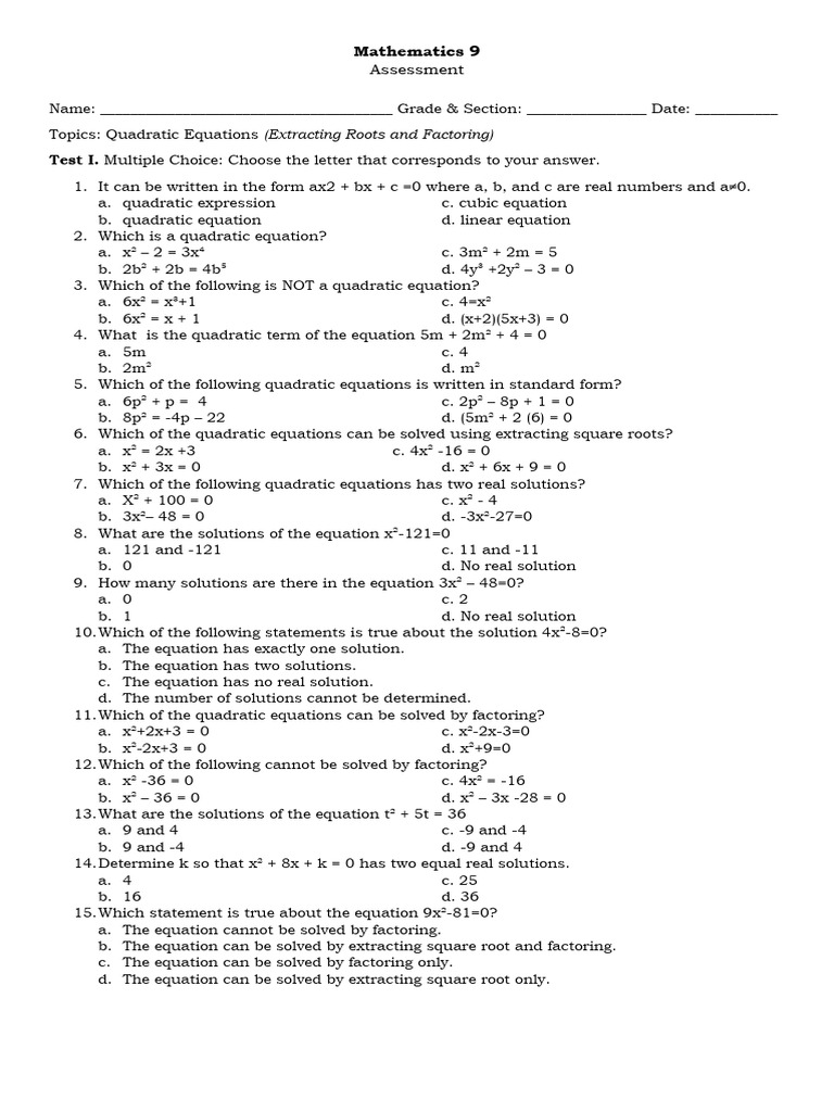 Mathematics 9 (Assessement) Quadratic Equation | PDF