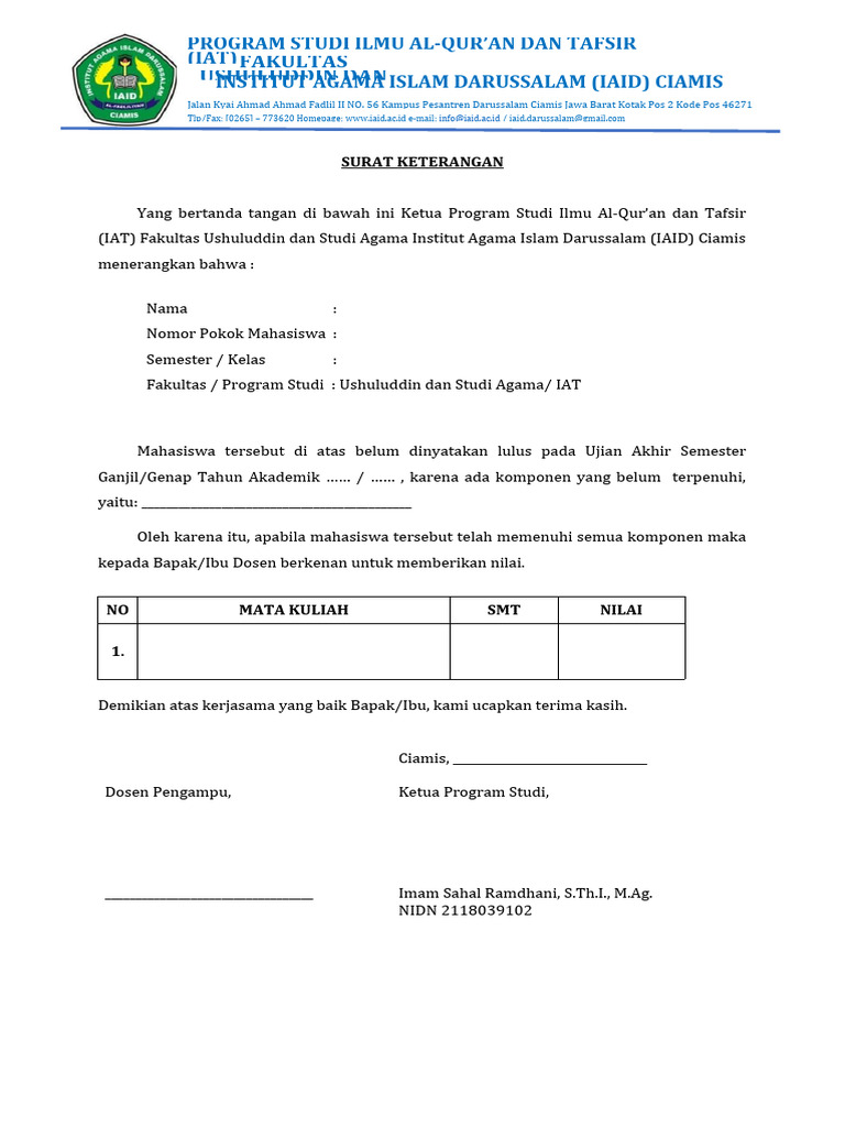 Surat Keterangan Perbaikan Nilai | PDF