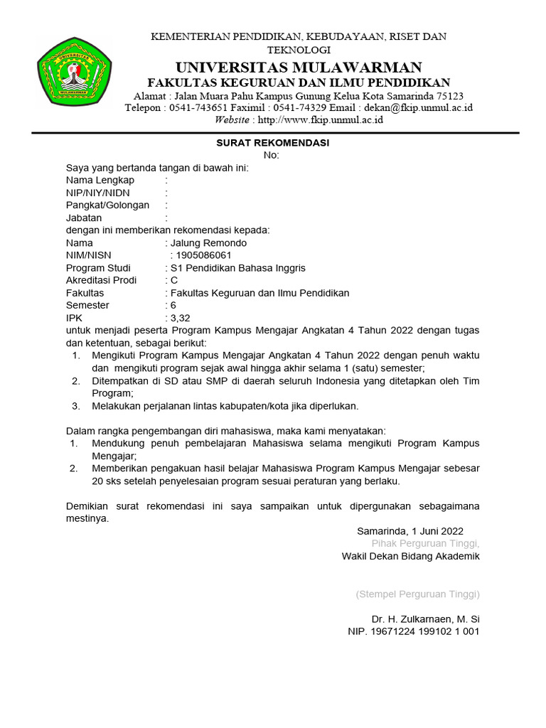 Surat Rekomendasi - Jalung Remondo | PDF