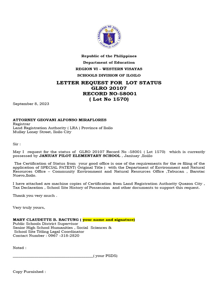 SAMPLE LRA Iloilo Request For Status If With GLRO Record No Sept.82023 ...