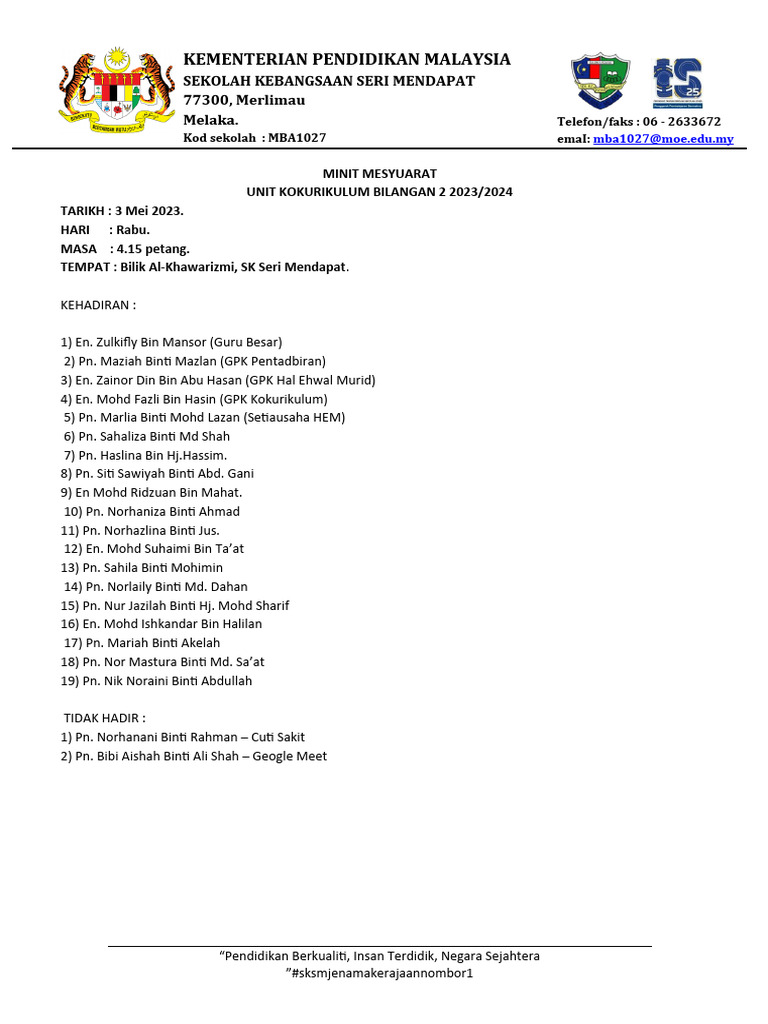 Minit Mesyuarat KOKU 2 | PDF