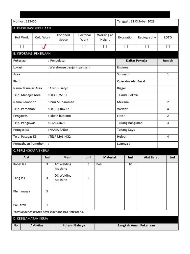 Contoh Formulir Izin Kerja K3 | PDF | Teknologi & Rekayasa