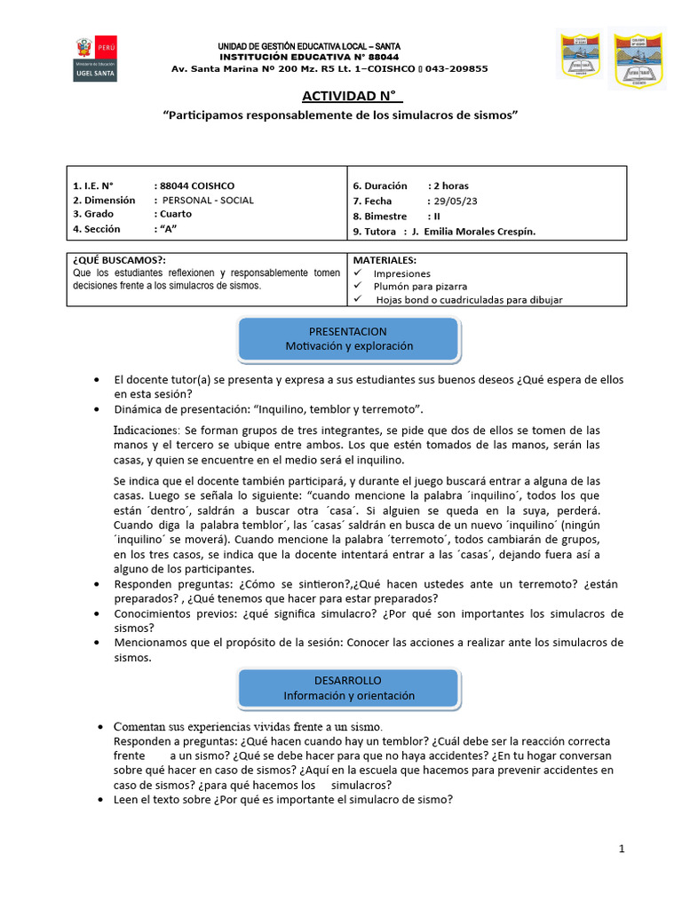 Actividad - Simulacro de Sismos | PDF Actividad - Simulacro de Sismos | PDF