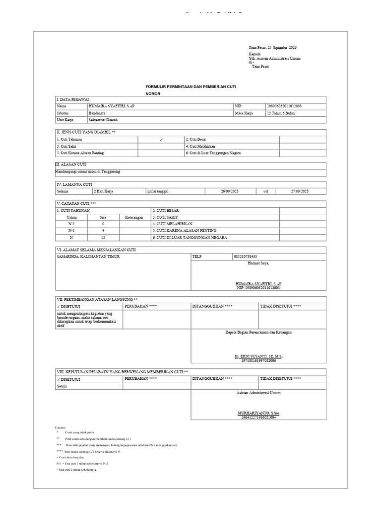 Permohonan Cuti Tahunan Humaira | PDF