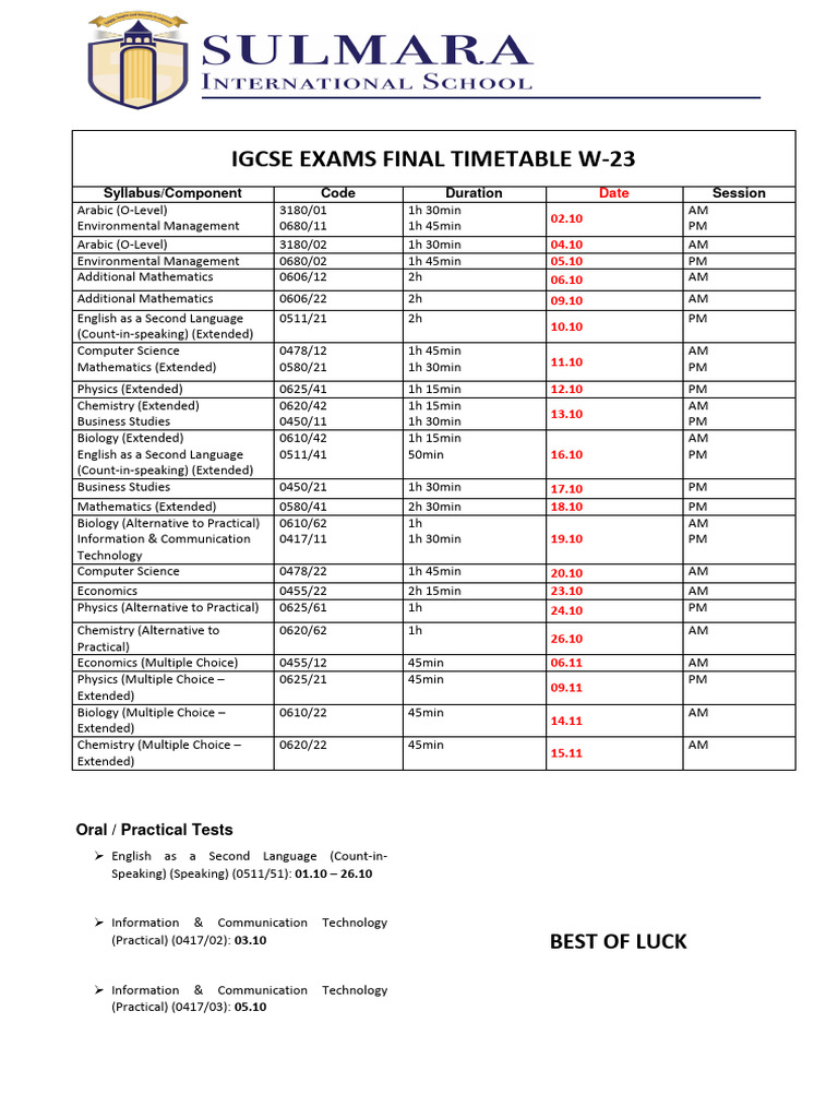 Igcse Exams Final Timetable W-23-1 | PDF