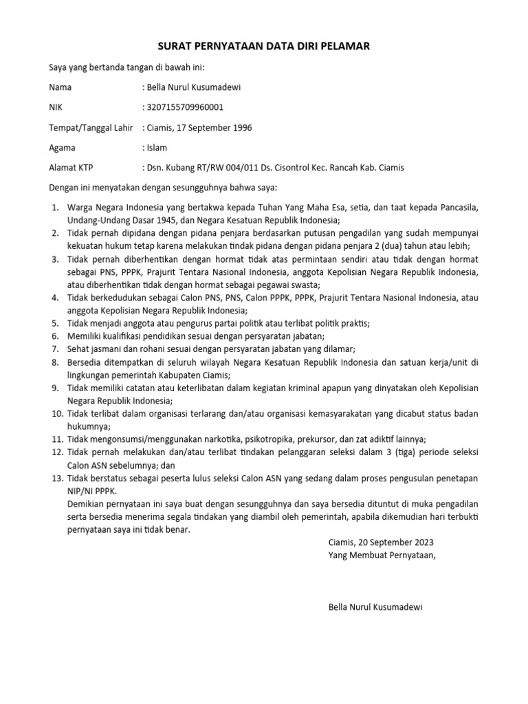 Surat Pernyataan Data Diri Pelamar | PDF