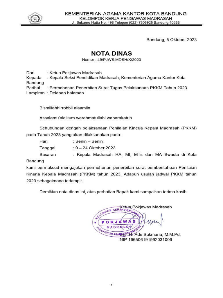 Nota Dinas - Usulan PKKM 2023 | PDF