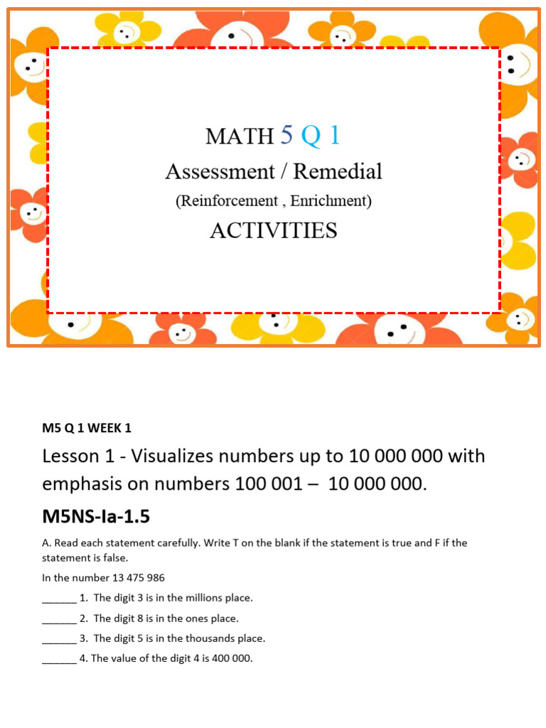 Math 5 ASSESSMENT REMEDIAL AND REINFORCEMENT 2018 | PDF