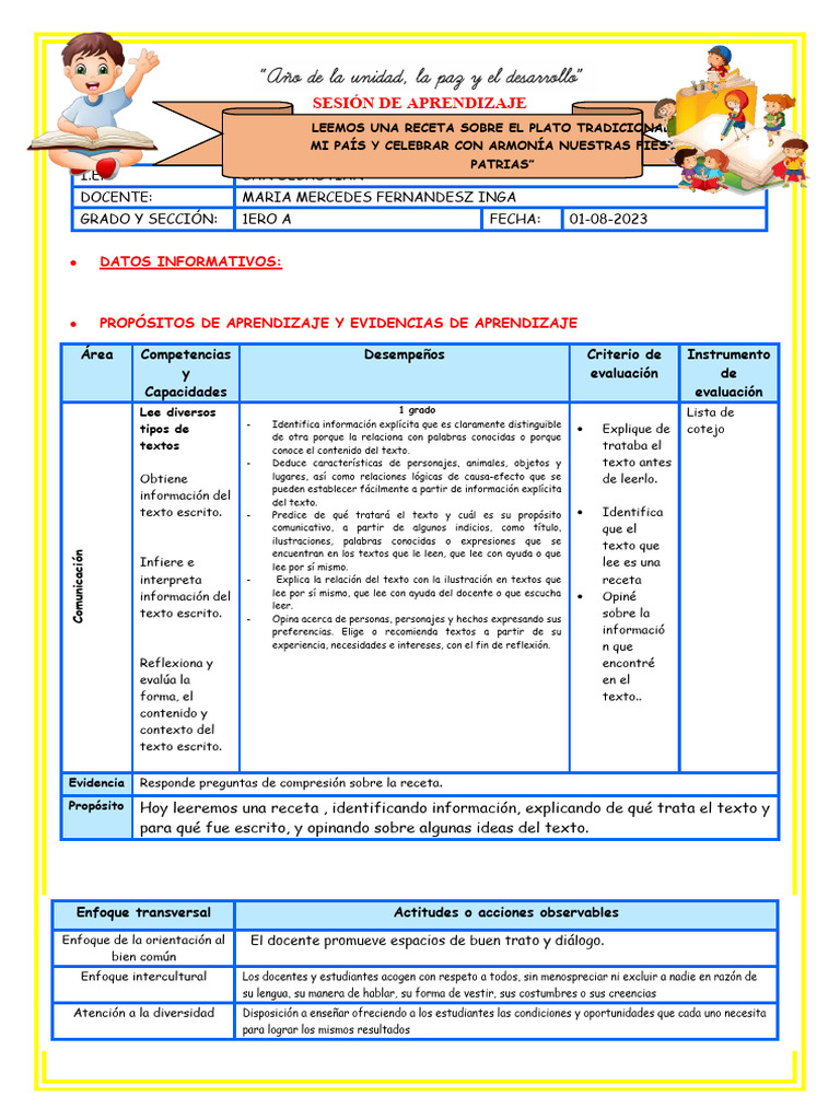 Sesión Com Leemos Una Receta | Descargar gratis PDF | Evaluación ...