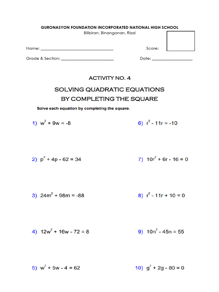 Activity 4 Solving Qe by Completing The Square | PDF