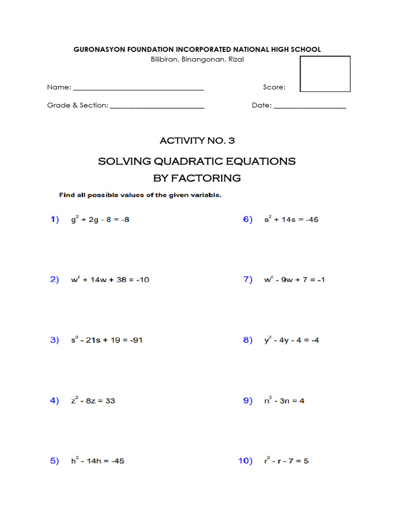 Activity 2 Solving Qe by Factoring | PDF