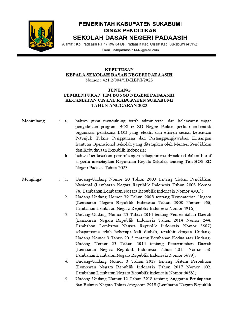 SK Tim BOS Reguler 2023 SDN PADAASIH | PDF SK Tim BOS Reguler 2023 SDN PADAASIH | PDF