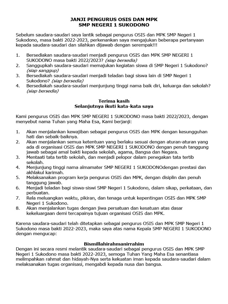 Janji Pengurus Osis Dan MPK | PDF | Karier & Perkembangan