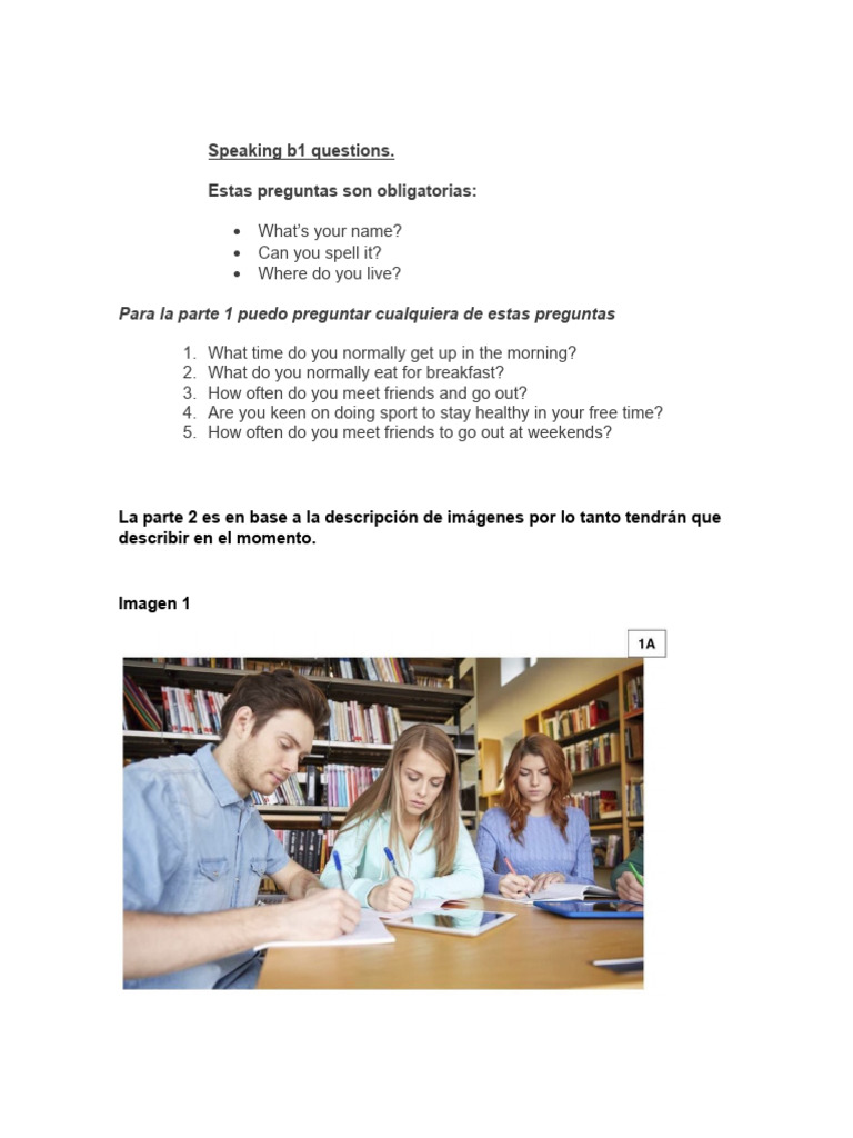 Speaking b1 questions final version | PDF