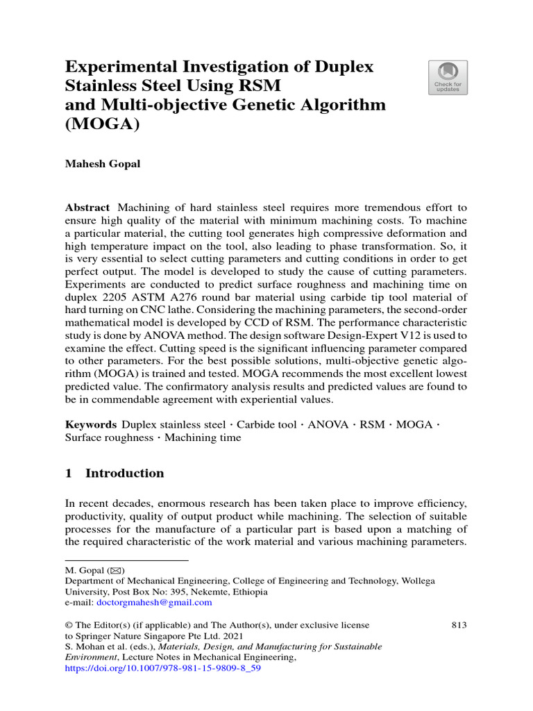 Experimental Investigation of Duplex Stainless Steel Using RSM and Multi-objective Genetic ...