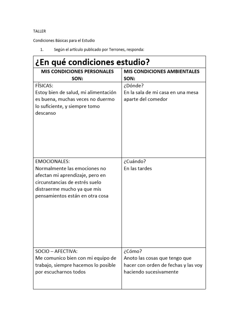 Taller de Condiciones Basicas para El Estudio | PDF