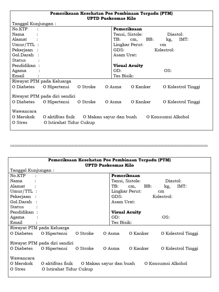 Form Pemeriksaan Kesehatan Pos Pembinaan Terpadu PTM | PDF