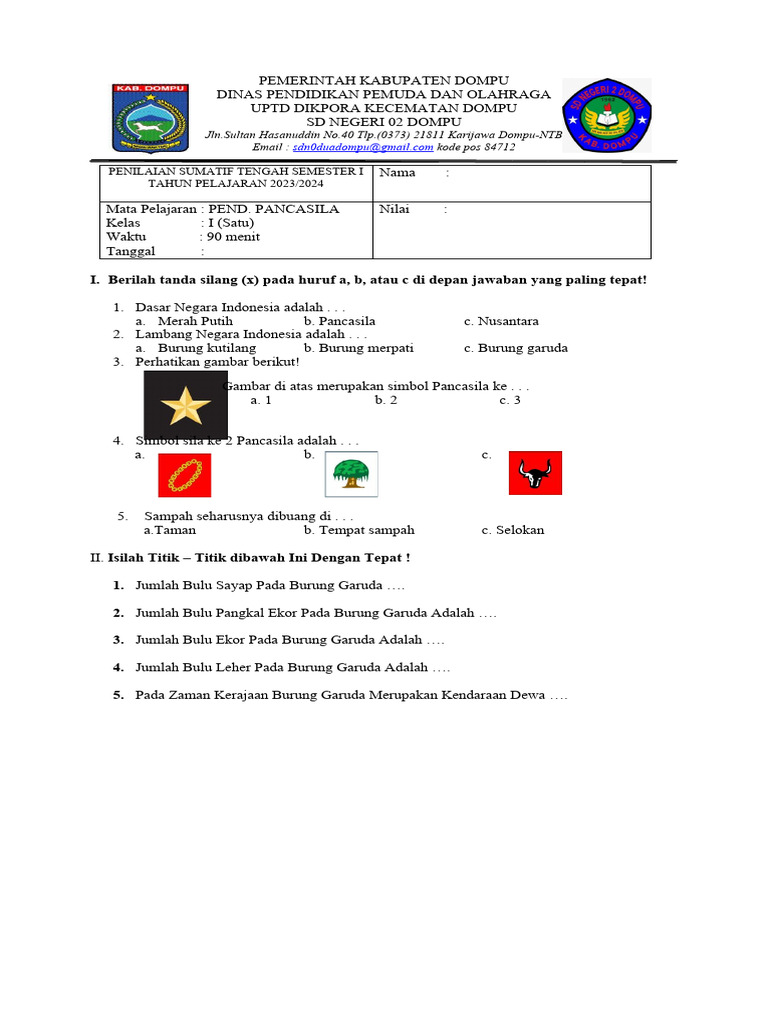 Soal STS Pend - Pancasila SMT 1 KLS 1 TP23-24 | PDF