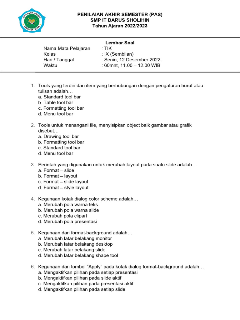Soal PAS TIK Kelas 9 | PDF | Metode & Bahan Ajar | Komputer