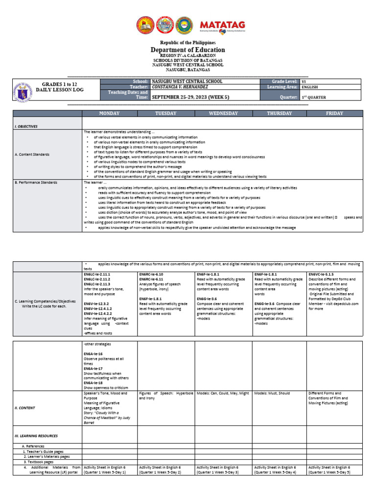DLL - English 6 - Q1 - W5 | PDF