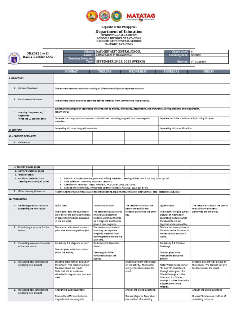 DLL - Science 6 - Q1 - W5 | PDF