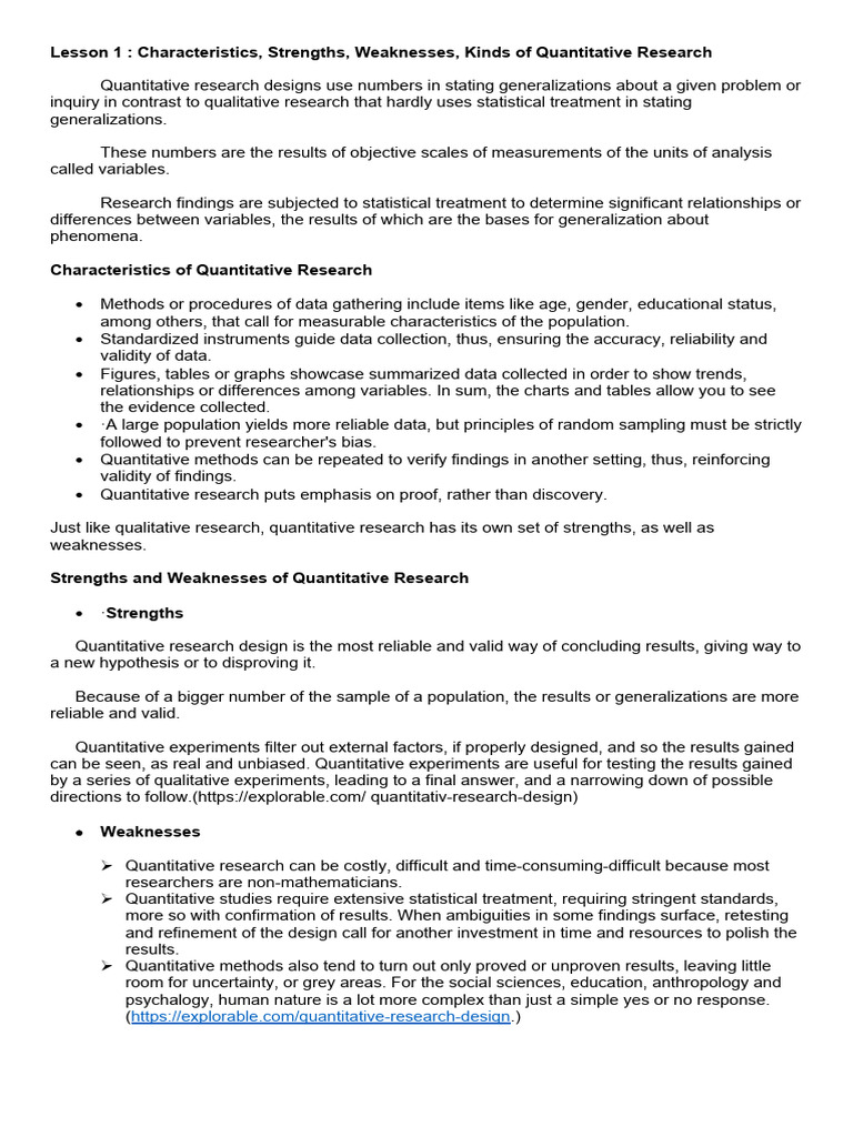 Lesson 1: Characteristics, Strengths, Weaknesses, Kinds of Quantitative ...