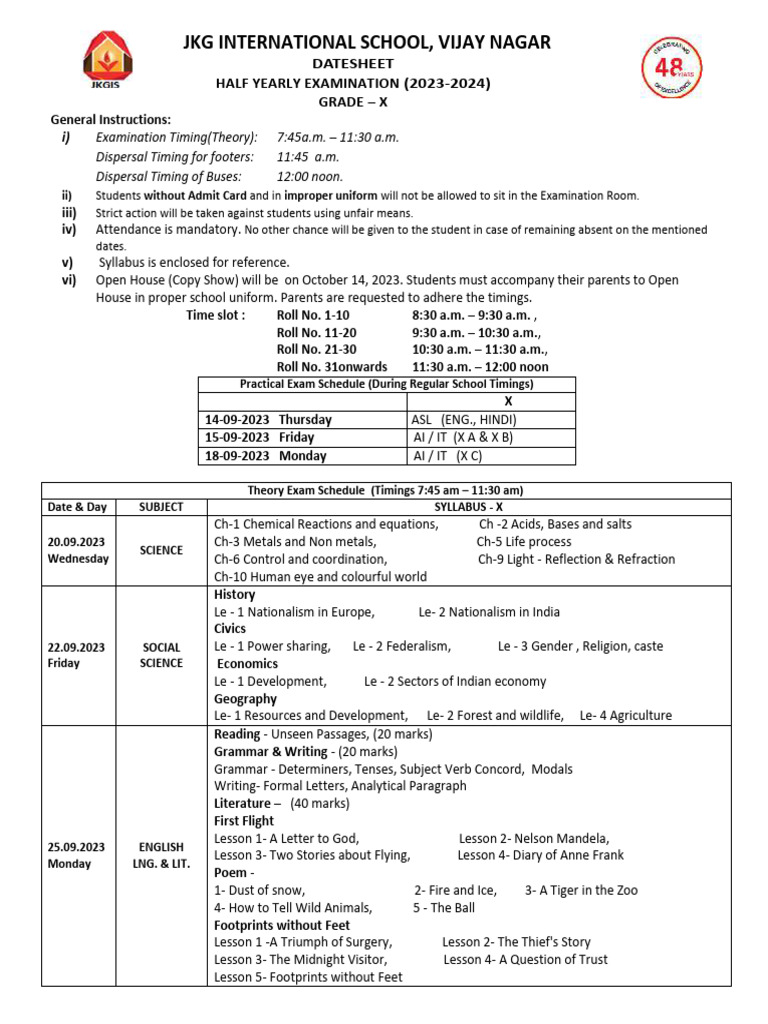 Grade X Half Yearly Exam Date Sheet & Syllabus | PDF