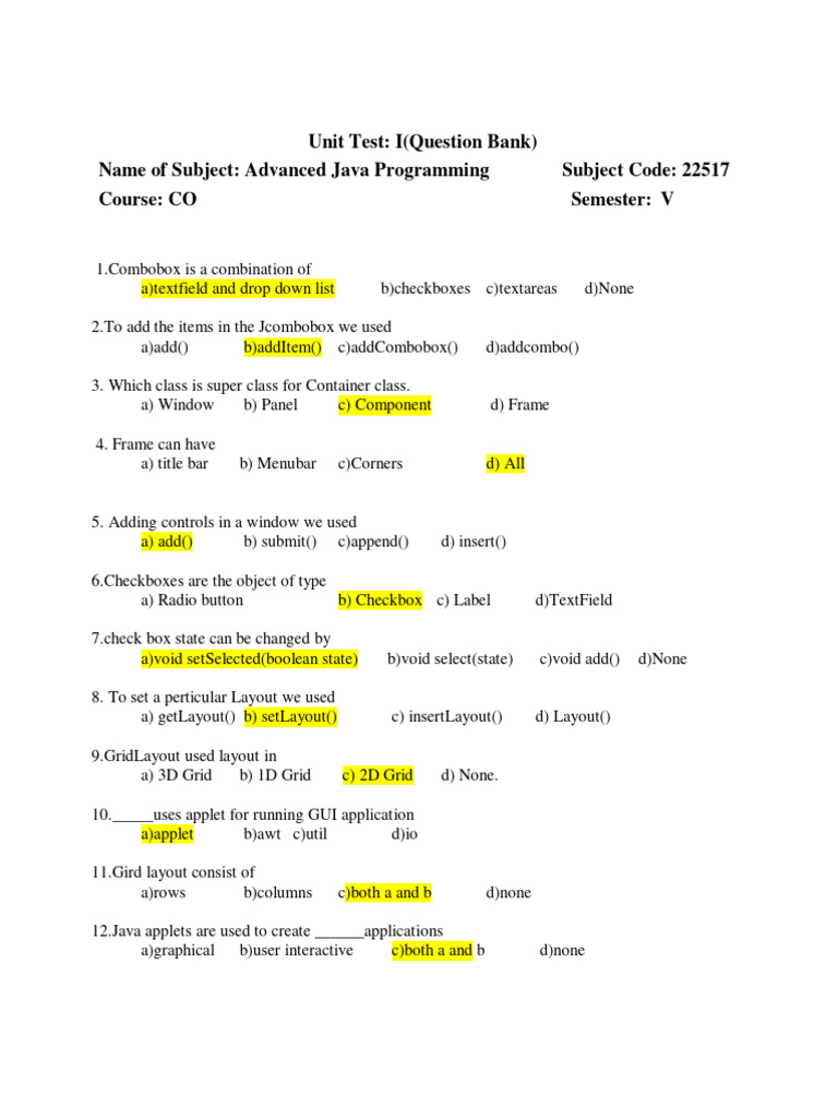 Advanced Java Programming Unit Test | PDF | Technology & Engineering