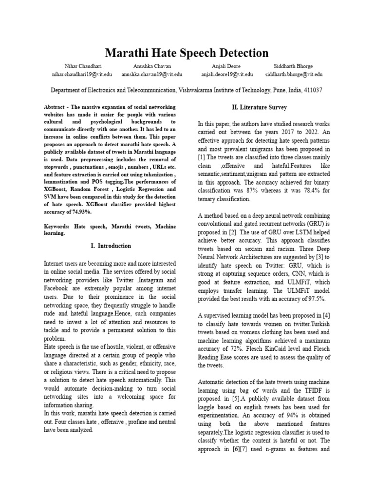 Marathi Hate Speech Detection IEEE Paper | PDF | Support Vector Machine | Statistical Classification