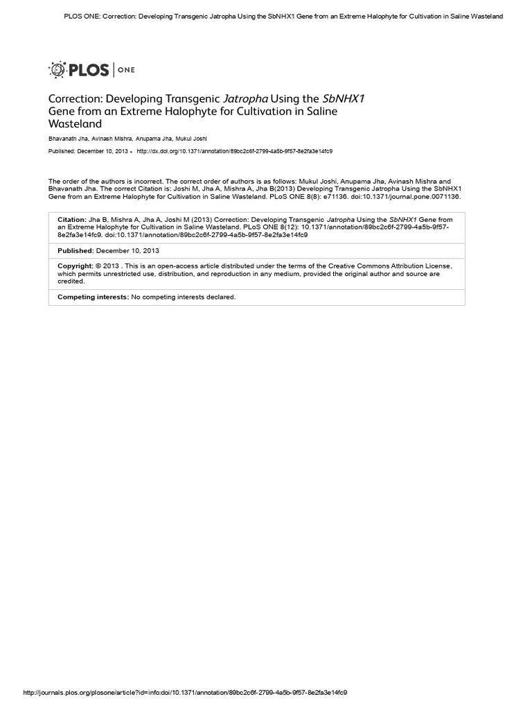 2013 Joshi Et Al., Plos One - With - Correction | PDF