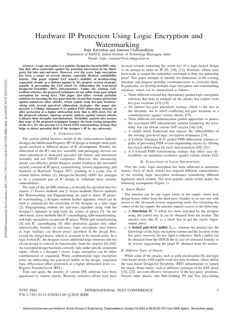Hardware IP Protection Using Logic Encryption and Watermarking | PDF | Computer Science ...