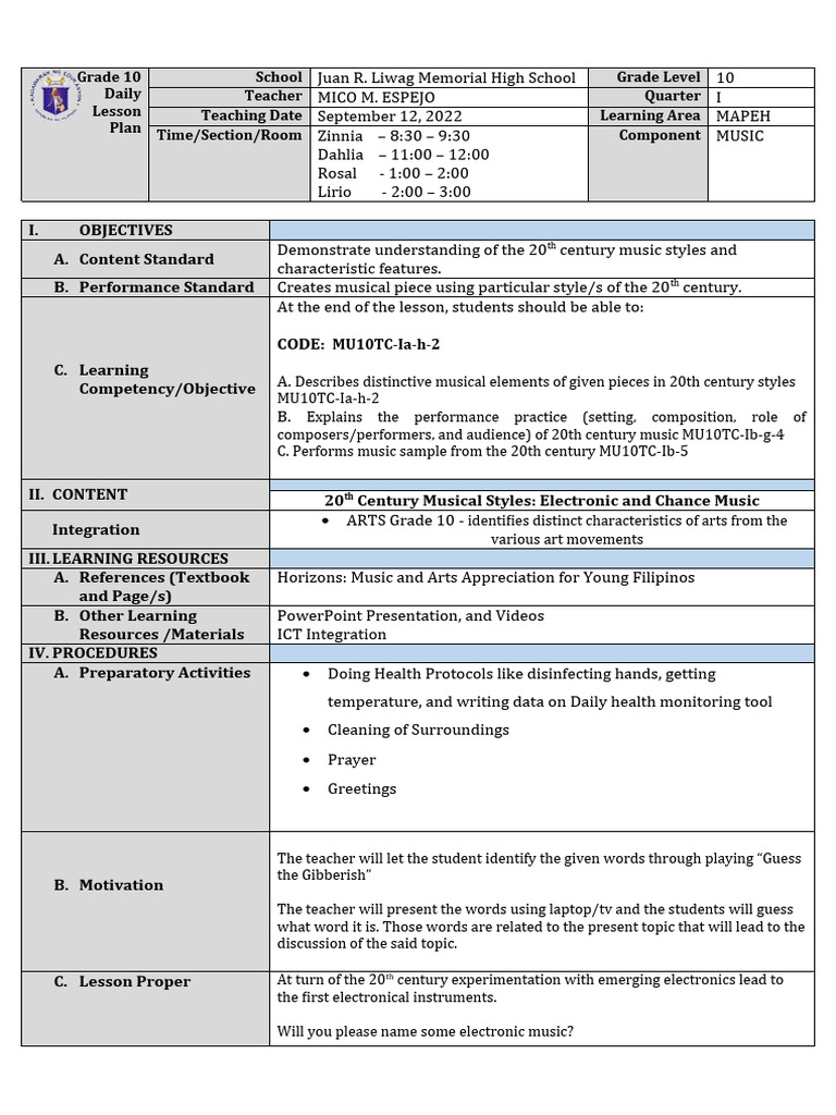 Grade 10 MAPEH Lesson Plan: 20th Century Music | PDF