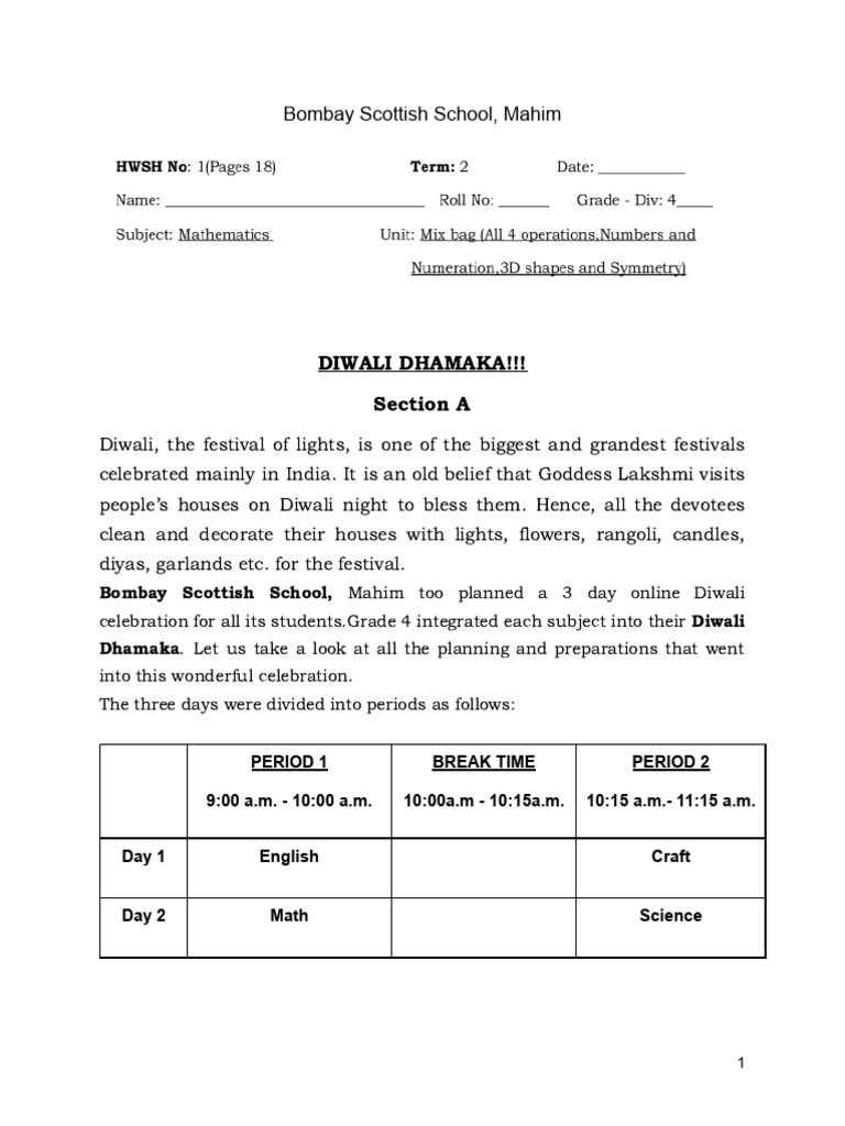 Grade 4 Mathematics Home Worksheet (1) Diwali Dhamaka ! | PDF