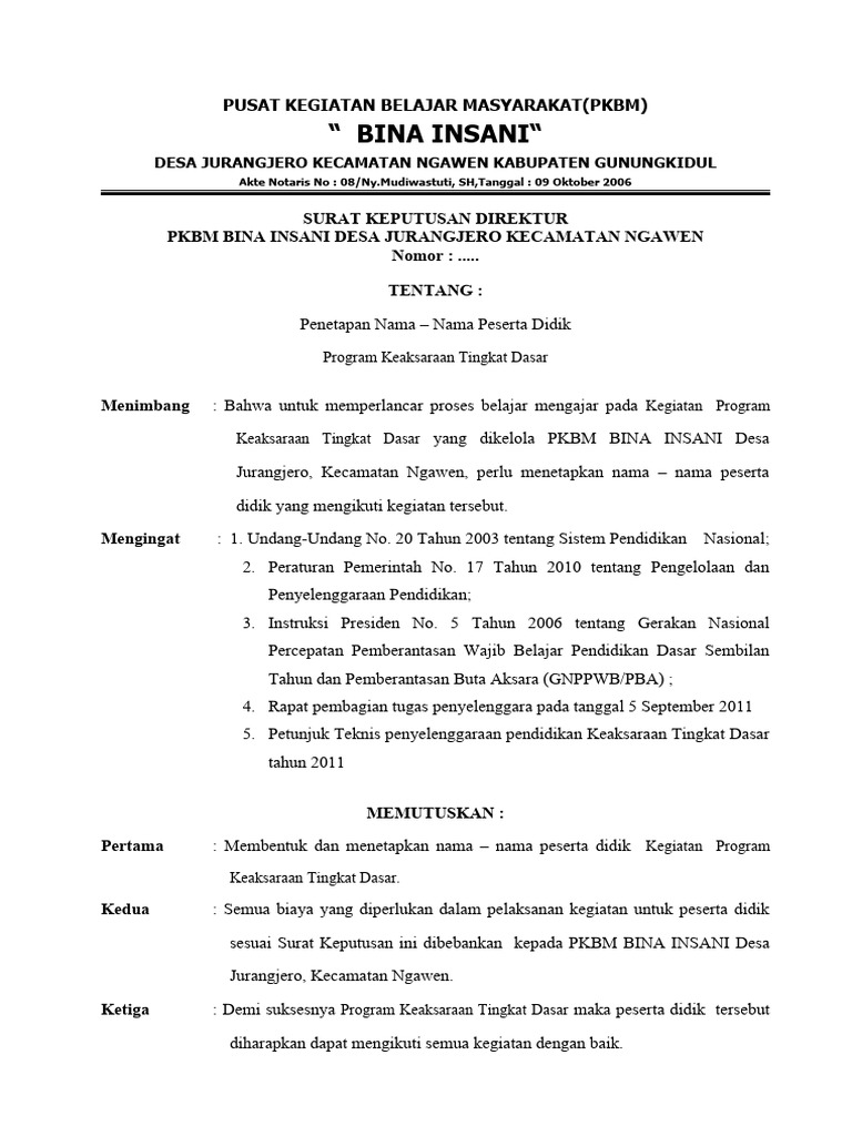 Penetapan Peserta Program Keaksaraan PKBM Bina Insani | PDF