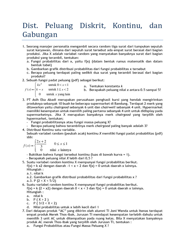 Contoh Soal Distribusi Peluang Diskrit dan Kontinu | PDF | Metode ...