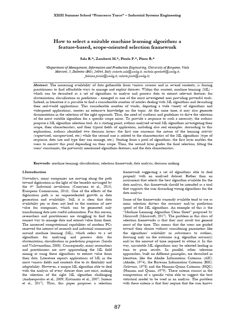 How To Select A Suitable Machine Learning Algorithm Pdf Business 7737