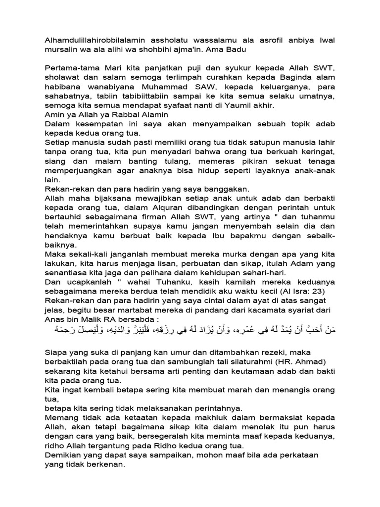 Pidato Tentang Adab Dan Bakti Kepada Orang Tua | PDF