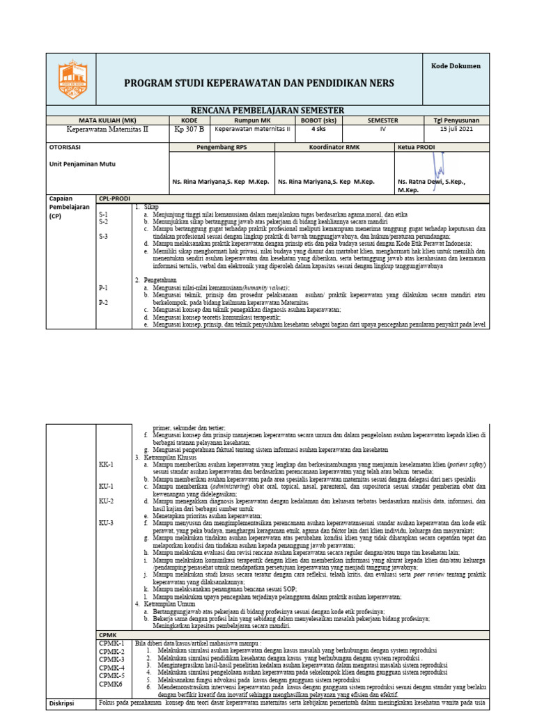 RPS Keperawatan Maternitas II | PDF