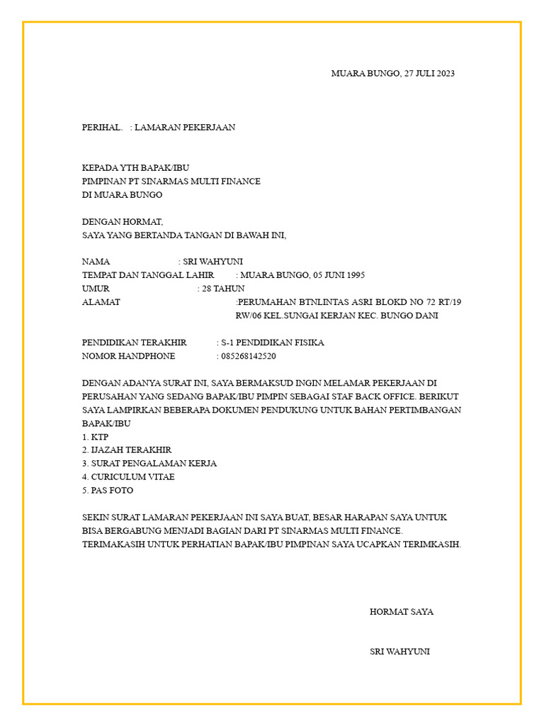 Surat Lamaran Kerja PT RMS | PDF