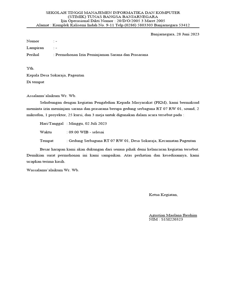 Contoh Surat Peminjaman Sarpras | PDF