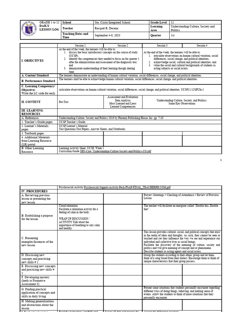 UCSP DLL Sep 4-8, 2023 W1 | PDF
