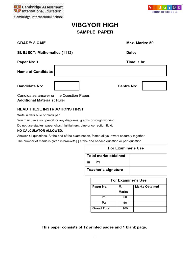 CAIE GR8 T1 Math QP P1 | PDF | Mathematics