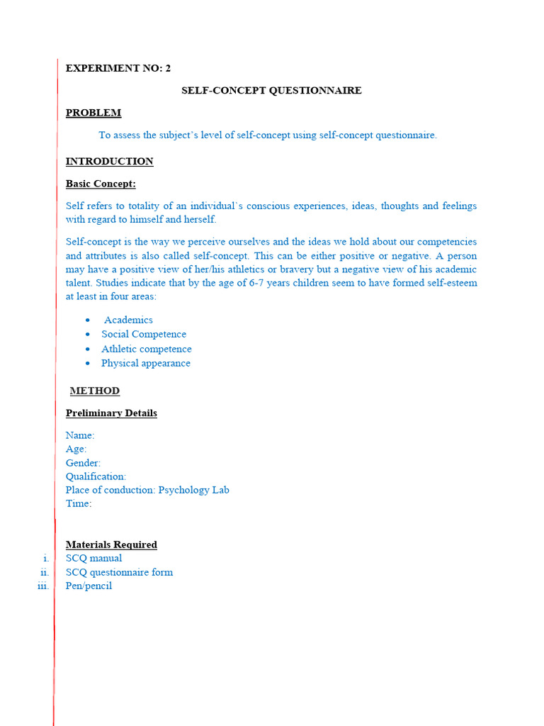 Experiment No: 2 Self-Concept Questionnaire Problem: Method | PDF