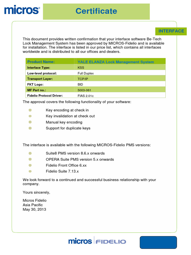 YALE ELANZA - Interface Certificate - Micros (Opera) | PDF