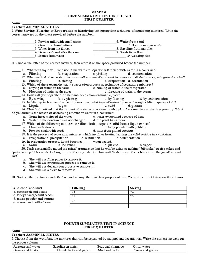Grade 6 Science & English Tests | PDF