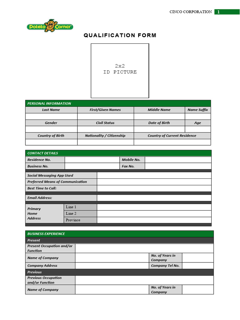 Potato Corner Form - Qualification | PDF