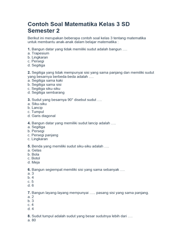 Contoh Soal Matematika Kelas 3 SD Semester 2 | PDF
