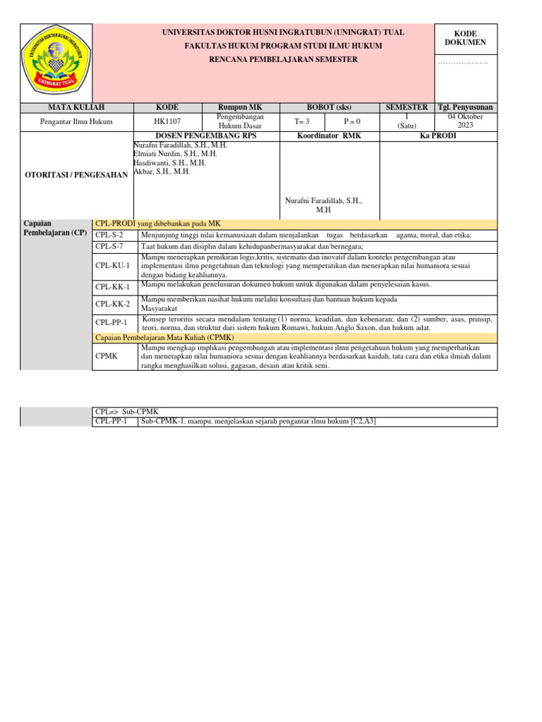 RPS Mata Kuliah Pengantar Ilmu Hukum (Nurafni Faradillah, S.H., M.H | PDF
