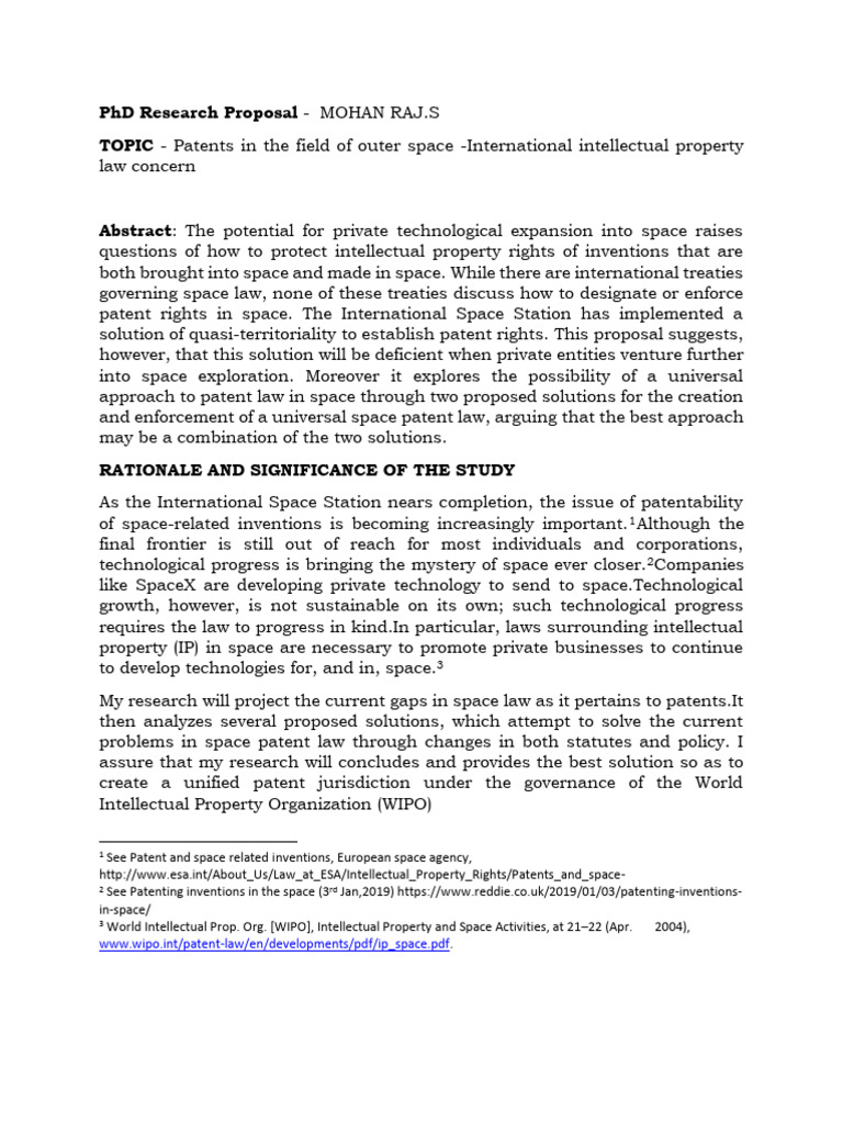 PHD Research Proposal - Mohan Raj S | PDF | Patent | Intellectual Property